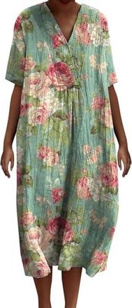 Generic Robe Femme Ete Mi Longue Pull Femmes Ample Dress Tendance Plage Shirt Moulante Blanche Deguisement Imprimé Fleurs Été Tunique Jupe Robe Plage Ete Flui