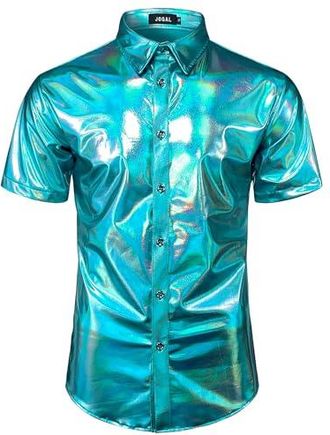 JOGAL Chemise de soirée en bronze brillant pour homme, Bleu Brillant, XXL