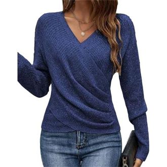 Generic Pull &eacute;l&eacute;gant en tricot &agrave; col en V et crois&eacute; pour femme - Haut fronc&eacute; - Pour lautomne et lhiver., bleu, XXL