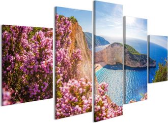 Islandburner Bild Bilder auf Leinwand Navagio-Strand mit Schiffswrack und Blumen gegen Sonnenuntergang, Zakynthos-Insel, Griechenland Wandbild, Poster, Leinwandbil