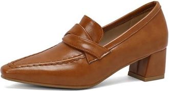 Generic Chaussures Femme Mocassins Vintage Bout Pointu Simili Cuir Talons Carrés Moyens Confortables Antidérapants Faciles À Enfiler Bureau Quotidien,Marron,4