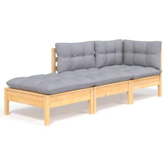 vidaXL Vidaxl - Salon de jardin 3 pi&egrave;ces - Bois de pin massif - Coussins gris confortables - Dimensions canap&eacute; 63,5 x 63,5 x 62,5 cm