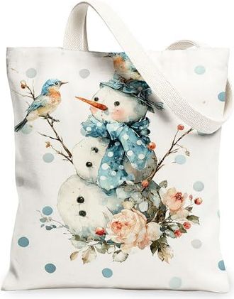 Generic Sac fourre-tout en toile motif bonhomme de neige, mignon oiseau et floral, sacs de courses r&eacute;utilisables, vintage l&eacute;ger et lavable avec bandouli&egrave;re, B