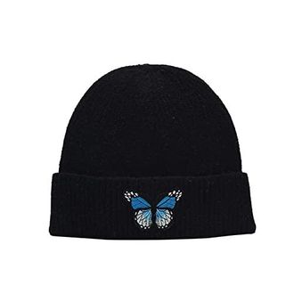 Generic Bonnet de ski en tricot chaud pour femme Motif papillon brod&eacute;, Noir, Taille unique