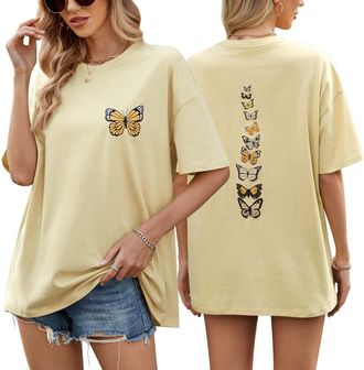 Heekpek Damen Tshirt Oversize T Shirt Baumwolle Kurzarm Longshirt Sommer Oberteile Graphic Tee Lang Bluse Tunika Tops für Teenager Mädchen Locker Basic T-Shir