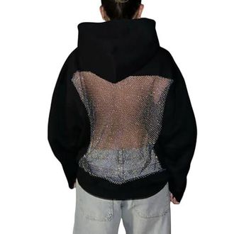 Generic Sweat &agrave; capuche pour femme avec dos en maille creuse, sweat &agrave; manches longues transparent &agrave; la mode, avec bandeau, poche et paillettes, chemisier en m