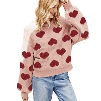 Generic Pull tricot&eacute; pour la Saint-Valentin - Grande taille - Haut &agrave; manches longues - Doux - Coupe ample - Confortable - Imprim&eacute; coeur - Pull chaud pour femm