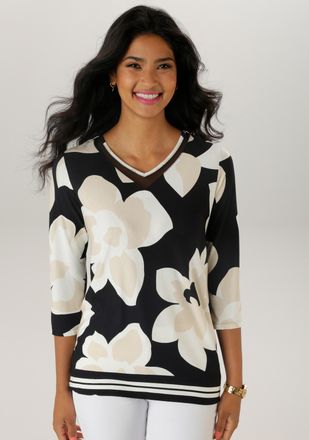 Aniston 3/4-Arm-Shirt ANISTON SELECTED, Damen, Gr. 36, beige (schwarz, sanftes wei&szlig;, beige), Single Jersey, Obermaterial: 95% Viskose, 5% Elasthan, bedruckt, 