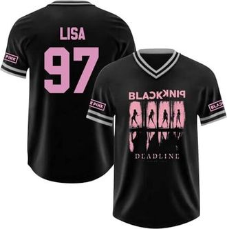 Generic Maillot de Baseball imprimé Noir et Rose Kpop Lisa Jennie Jisoo Rose, t-Shirt de Baseball Hip-hop à col en V pour Les Fans de Musique 04-4 3XL
