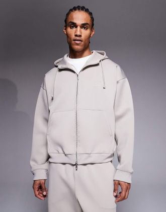 Liquor & Poker Kapuzenpullover aus Material in Neoprenoptik in Steinbeige mit Zwei-Wege-Rei&szlig;verschluss, Kombiteil-Neutral