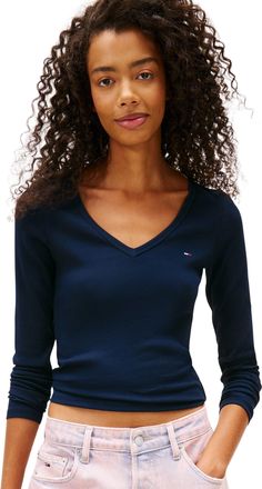 Tommy Jeans Damen TJW Slim Essential Rib V LS DW0DW17990 L/S T-Shirt, Blau (Dark Night Navy), XXS, Blau (Dark Night Navy), XXS