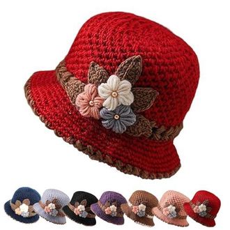 Generic Chapeau de laine tricot&eacute; &agrave; fleurs pour femme, chapeau en laine tricot&eacute;e &agrave; fleurs pour femmes, chapeaux mignons pour femmes, Rouge, Taille unique