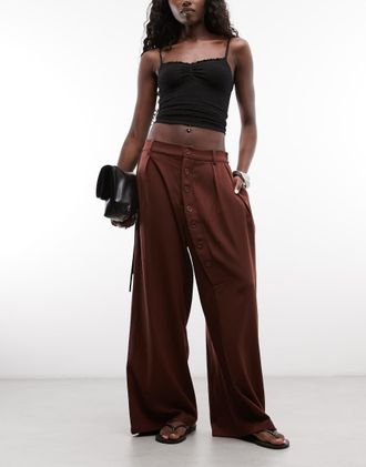 Daisy Street pantalon large taille mi-haute avec boutons asym&eacute;triques marron