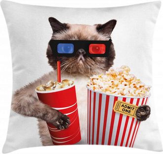 Abakuhaus Kino Kissenbezug, Cat Popcorn, Beidseitiges Digitaldruck mit Reißverschluß Farbfest Pflegeleicht und Waschbar, 40 x 40 cm, Weiß Rot