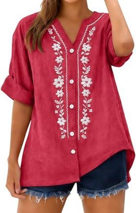 Generic Chemise d&eacute;t&eacute; en coton et lin &agrave; manches 3/4 pour femme, haut boh&egrave;me habill&eacute;, d&eacute;contract&eacute;, ample, floral, pour femme, Rouge, 3XL