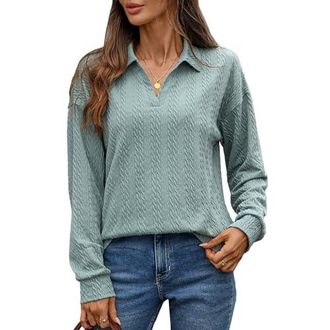Generic Femmes Printemps Automne Revers Pull Sweatshirt Col V Sport T-Shirt Respirant Pulls Mode Polo Shirts Casual Loose Top, Vert, XXL