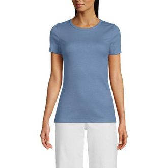 Lands End Feinripp-Shirt mit Rundhalsausschnitt und kurzen &Auml;rmeln, Damen, Gr&ouml;&szlig;e:44-46 regular, Blau, Baumwolle/Elasthan, by Lands End