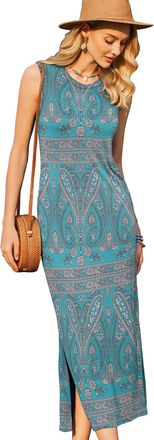 Zeagoo Maxikleider Damen Boho Lang Sommer Kleider Tanktop Kleider Leicht und Luftig &Auml;rmellos Freizeit Strandkleid Gr&uuml;n Blumenmuster L