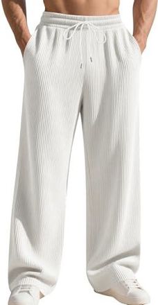 Generic Pantalon d&eacute;contract&eacute; pour homme, taille &eacute;lastique, cordon de serrage, l&eacute;ger, textur&eacute;, pantalon long, printemps, &eacute;t&eacute; et automne, jambe droite, coupe am
