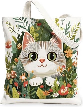 Generic Sac fourre-tout en toile motif chat exotique &agrave; poils courts pour le shopping, 33 x 38 cm, sac d&eacute;picerie r&eacute;utilisable avec motif imprim&eacute; de plantes, fl
