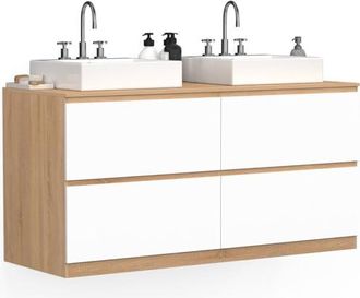 IDMarket Meuble Double Vasque Suspendu Salle de Bain TOMI 120 cm 4 tiroirs fa&ccedil;on h&ecirc;tre et Blanc