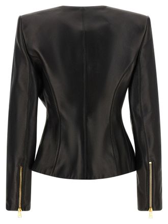 Balmain Gold-Zip Sculptural Lambskin Jacket - Black