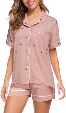 Generic Ensemble de pyjama pour femme à manches courtes - Pyjama boutonné en coton deux pièces confortable à carreaux Coupe ample Poches avant Col en V Vêteme