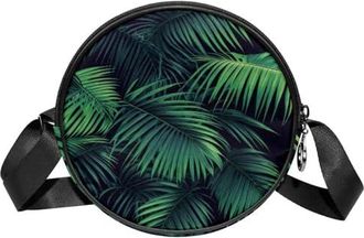 Generic Petit sac &agrave; bandouli&egrave;re rond pour femme, motif plantes tropicales, sac &agrave; dos avec fermeture &eacute;clair, bretelles r&eacute;glables, sac &agrave; main rond d&eacute;contract&eacute; p
