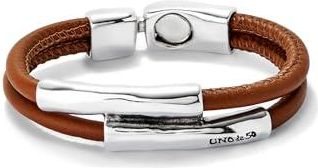 Uno De 50 UNOde50 Bracelet double en cuir chameau, avec deux tubes centraux plaqués argent