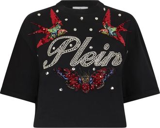 Philipp Plein Femme, Tops, Noir, Taille: 40 FR Cropped T-Shirt Tattoo Strass