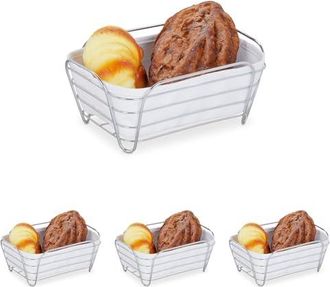 Relaxdays Brotkorb Metall mit Stoffeinsatz, eckig, Fr&uuml;hst&uuml;ckskorb f&uuml;r Brot & Br&ouml;tchen, HBT: 10 x 23,5 x 17 cm, wei&szlig; (Packung mit 4)