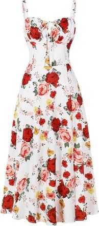 Ibtom OMEWEE Robe dété bohème pour femme, col carré, robe corset à motif floral, bretelles spaghetti, robe bustier midi froncée et fluide pour sortir une li