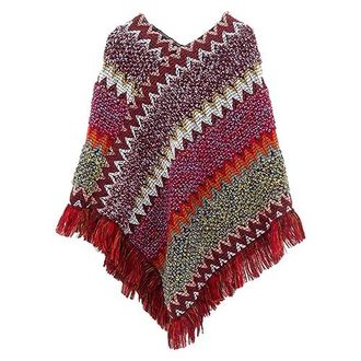 Generic Poncho en tricot pour femme - Style hippie - Doux - Frange au crochet - Cape asym&eacute;trique - Cardigan tricot&eacute; pour femme - Cape boh&egrave;me &agrave; franges - Ch&acirc;le