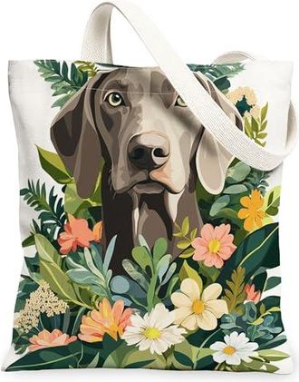 Generic Sac fourre-tout en toile motif chien Braque de Weimar printanier, 33 x 38,1 cm, sac d&eacute;picerie r&eacute;utilisable avec motif imprim&eacute; de plantes, fleurs, chio