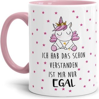 Tassendruck Einhorn-Tasse mit Spruch Ich hab das schon verstanden - Glitzer/Rosa/Geschenk-Idee/Stern/Regenbogen/Innen & Henkel Rosa