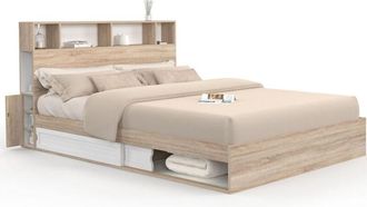 IDMarket Lit double CLEM avec rangements + t&ecirc;te de lit et sommier 160 x 200 cm h&ecirc;tre et blanc