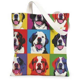 Generic Pop Art Sac fourre-tout en toile motif chien Saint-Bernard 33 x 38,1 cm, motif chiot abstrait amusant et amusant, sac d&eacute;picerie r&eacute;utilisable pour femm