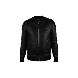 Philipp Plein Homme, Vestes, Noir, Taille: S Bomber Cuir Lisse Argent Boutons Logo PP5