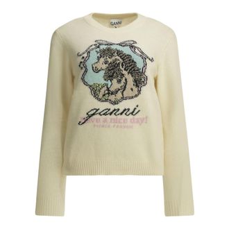 Ganni Horses Rundhals-Pullover - - Knitwear - Damen - Wei&szlig; - 2XS