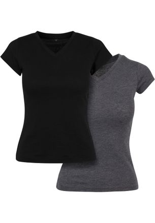 Build Your Brand Damen T-Shirt Ladies Basic Tee 2-Pack, Doppelpack Basic T-Shirts für Frauen, V-Ausschnitt