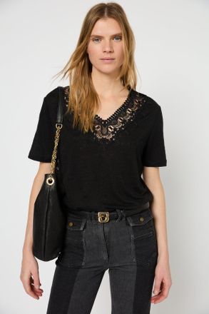 Gerard Darel T-shirt en lin au col brod&eacute; - GALATEA - Noir