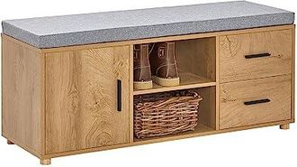 SoBuy Banc de Rangement à Chaussure, Banc à Chaussures, Meuble dentrée Meuble de Rangement avec Coussin rembourré, 2 Compartiments, 1 Porte et 2 tiroirs, Na