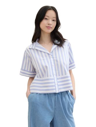 Tom Tailor Damen Boxy Fit Resort Shirt mit Streifen, mid blue white stripe, XL