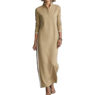 Generic Robe longue &agrave; manches longues pour femme, noir avec col boutonn&eacute; blanc et fente lat&eacute;rale, abricot, XXL