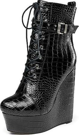 Castamere Femmes Haut High Compens&eacute; Plate-forme Talon Heel Rond Bout Bottines Lacets Fermeture &agrave; Glissi&egrave;re Sexy 15 CM Heels Noir 38 EU