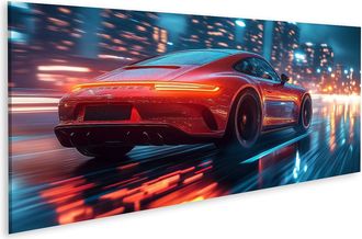Islandburner Bild auf Leinwand Roter Porsche bei Nacht in der Stadt für Wohnzimmer Autoliebhaber Autohaus Bilder Wandbilder Poster