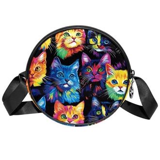 Generic Sac &agrave; bandouli&egrave;re rond pour femme, motif chat color&eacute;, petit sac &agrave; bandouli&egrave;re avec fermeture &eacute;clair, bretelles r&eacute;glables, sac &agrave; main rond d&eacute;contract&eacute; 