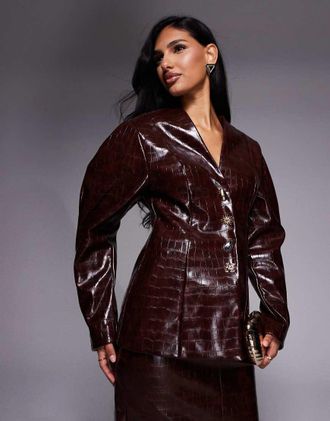 Asos Blazer densemble structur&eacute; effet croco &agrave; boutons dor&eacute;s - Chocolat-Brown