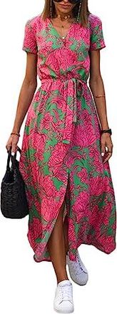 ORANDESIGNE Femme Ete Robe Longue Fluide Boho Midi Robes de Plage Chic Et Élégant Imprimé Floral Wrap Col en V Manches Courtes A-Line Robe Casual Fendue Robe Vaca