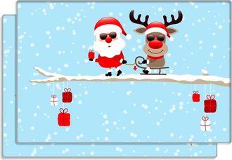 Wallario 2er Set Fr&uuml;hst&uuml;cksbrettchen aus Glas, Glasunterlage, Glasbrettchen Cooler Weihnachtsmann mit Rentier auf einem AST, Gr&ouml;&szlig;e 30 x 20 cm, Sicherheitsglas